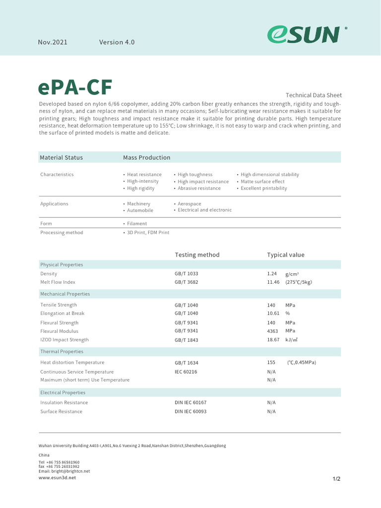 ESPECIFICACIONES TECNICAS ePA-CF NYLON FIBRA DE CARBONO ESUN | PDF ...