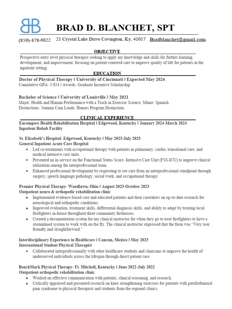 Brad D. Blanchet, SPT: Objective | PDF | Physical Therapy | Patient