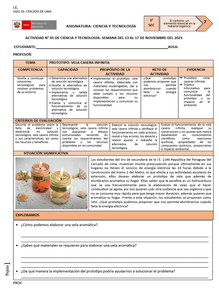 3° SEC. EDA 7 SEMANA 5 CYT Diseña 2023 Prototipo Vela Casera Infinita | PDF | Vela | Evaluación