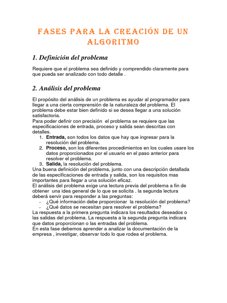 Fases para La Creación de Un Algoritmo | PDF | Algoritmos | Lenguaje de programación