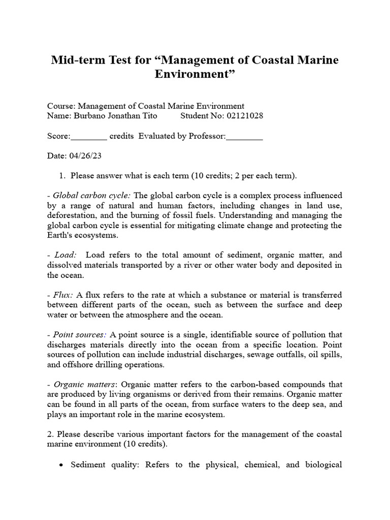 Mid-Term Test For Management of Coastal Marine Environmentw | PDF ...