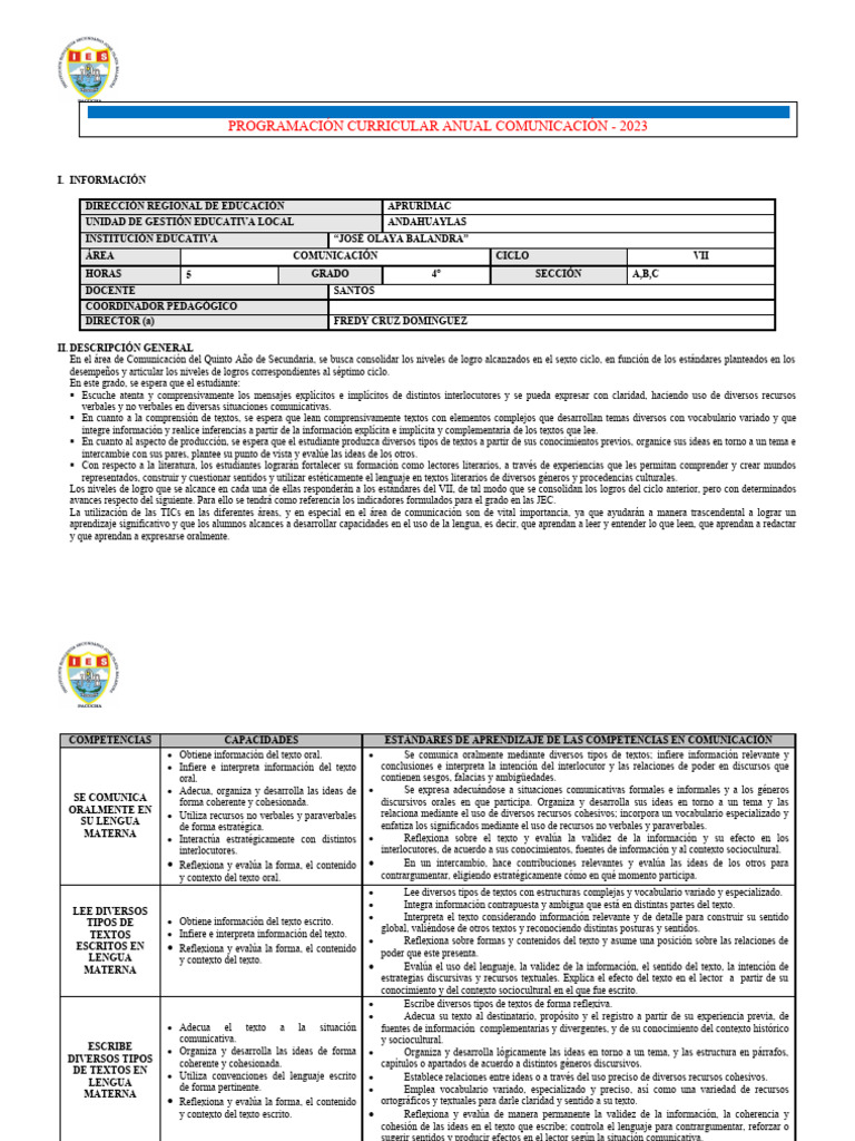 4to Santos Programacion Anual Comunicación 2023 | PDF | Aprendizaje ...