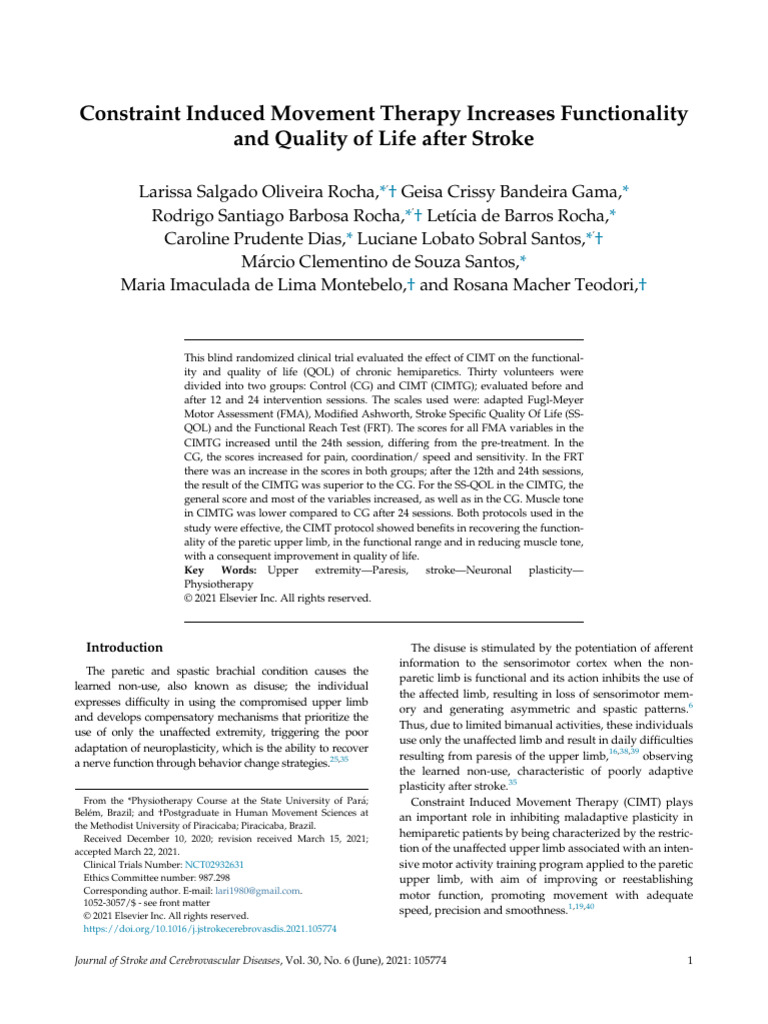 Constraint Induced Movement Therapy Increases Functionality and Quality of Life After Stroke ...