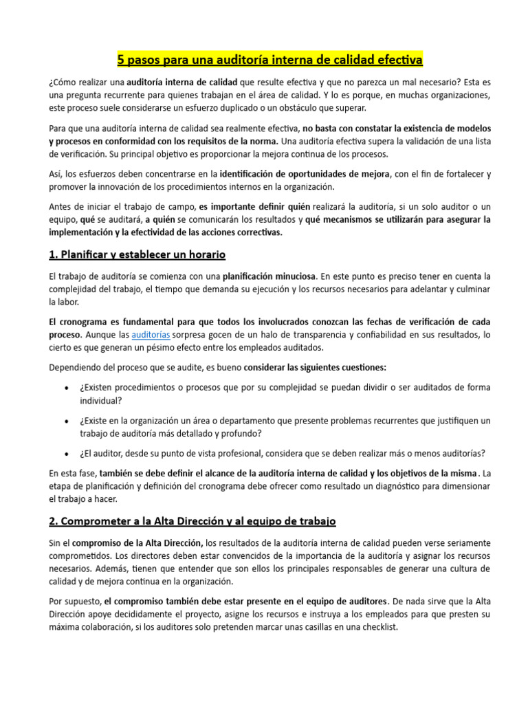 5 Pasos para Una Auditoría Interna de Calidad Efectiva | PDF | Auditoría | Contralor