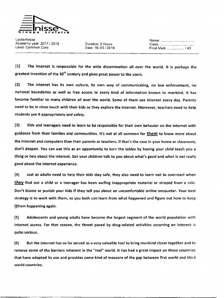 Test 1 Model 2 English Common Core Second Term | PDF