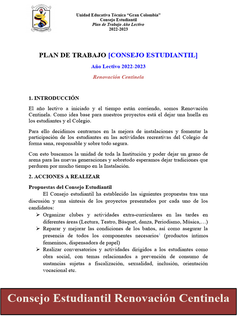 Plan de Trabajo Del Consejo Estudiantil | PDF