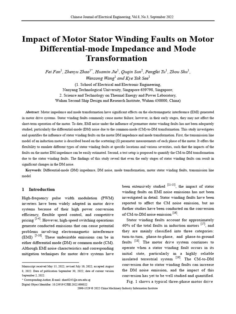 Impact Of Motor Stator Winding Faults On Motor Differential Mode