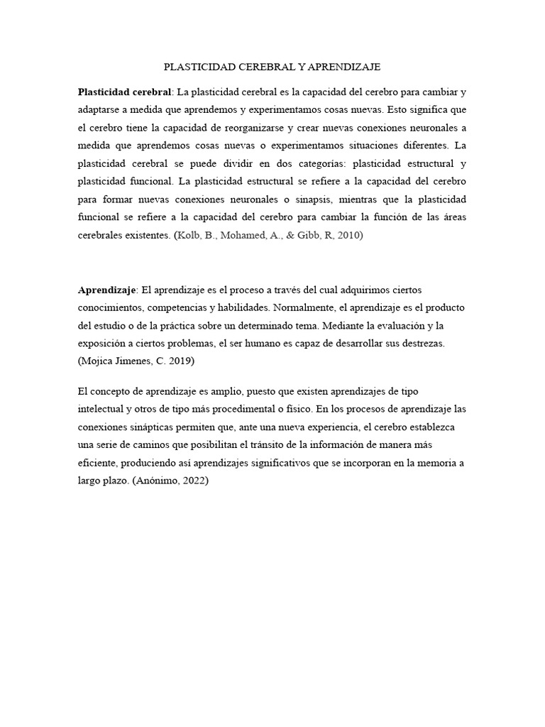 Plasticidad Cerebral y Aprendizaje | PDF