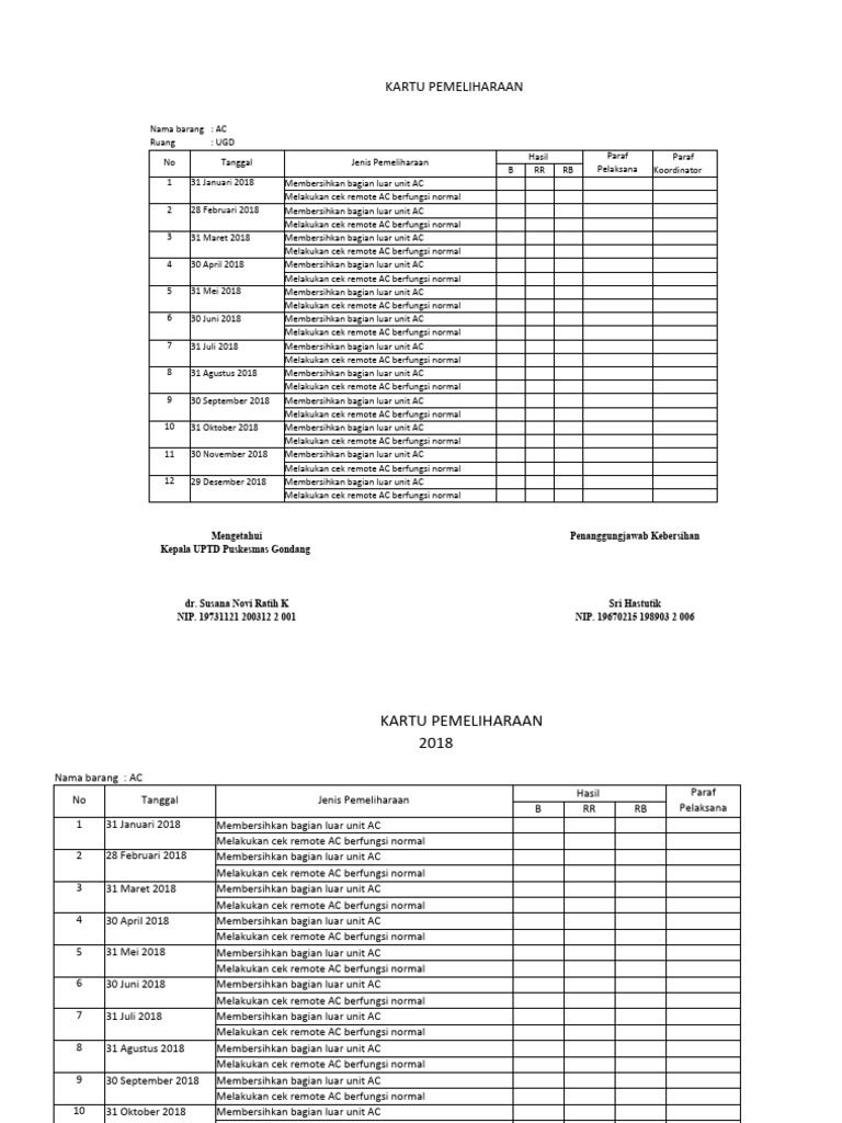 Kartu Pemeliharaan AC | PDF