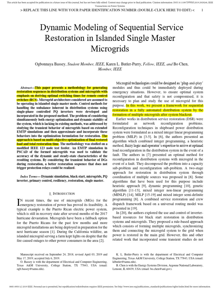 Dynamic Modeling of Sequential Service Restoration in Islanded Single Master Microgrids | PDF ...