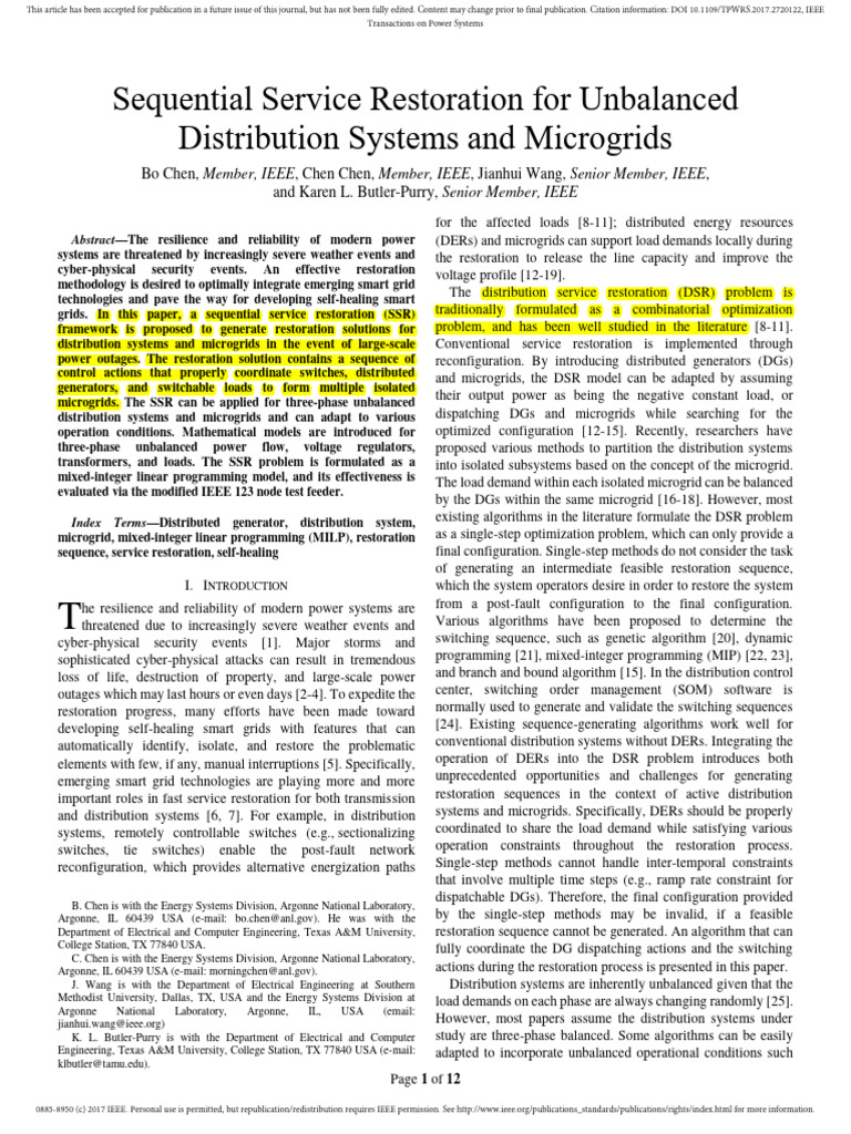 Sequential Service Restoration For Unbalanced Distribution Systems and Microgrids | PDF ...