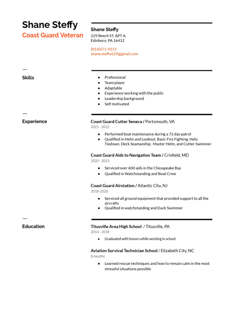 Shane Steffys Resume | PDF | United States Coast Guard | Watercraft