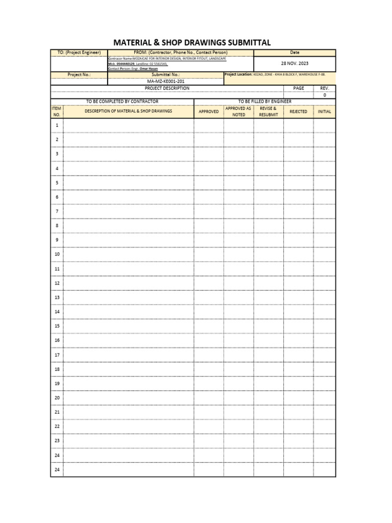 Material & Shop Drawings Submittal Form | PDF