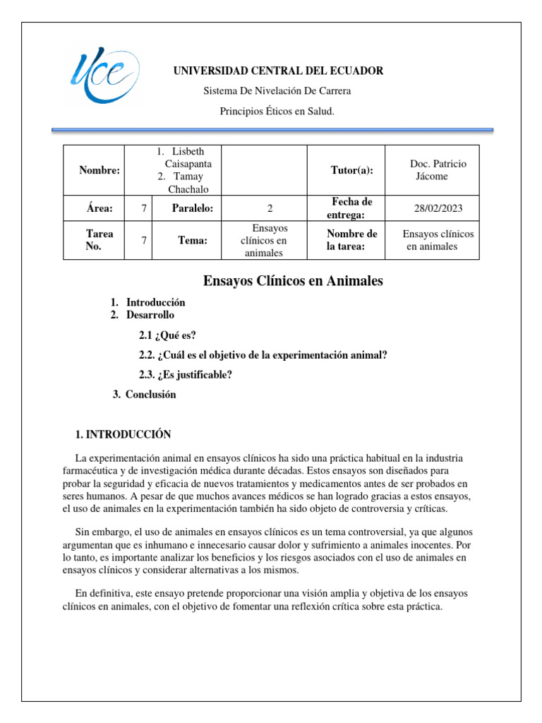 PES Ensayos Clinicos en Animales | PDF | Ensayo clínico | Pruebas en ...