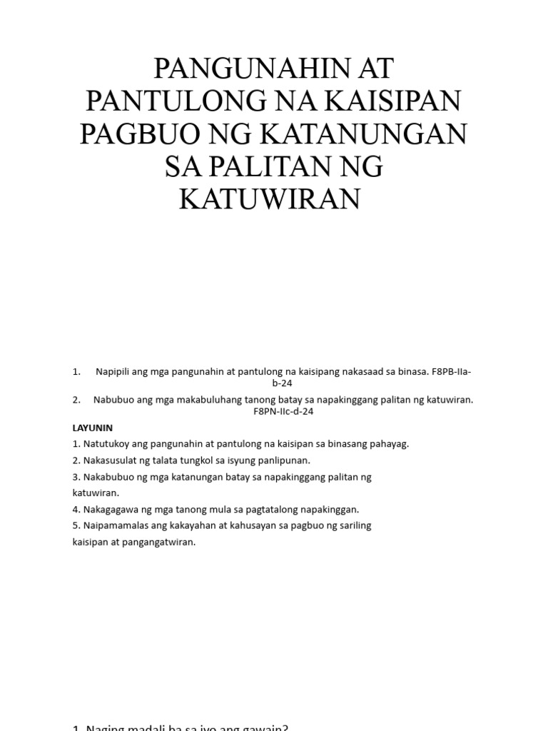 Pangunahin at Pantulong Na Kaisipan Pagbuo NG Katanungan | PDF