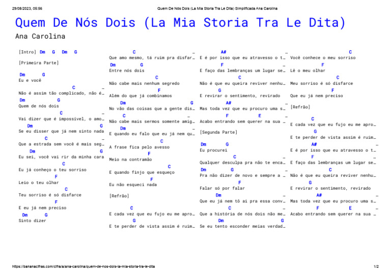 Quem de Nós Dois (La Mia Storia Tra Le Dita) Simplificada Ana Carolina ...