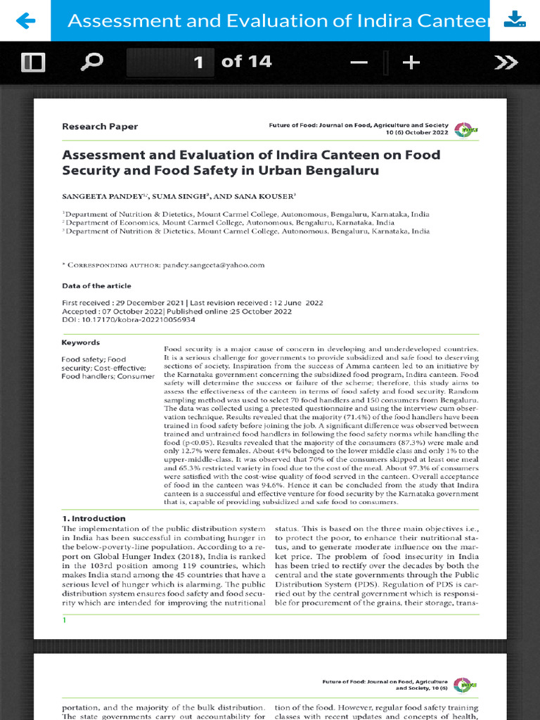 View of Assessment and Evaluation of Indira Canteen On Food Safety and ...