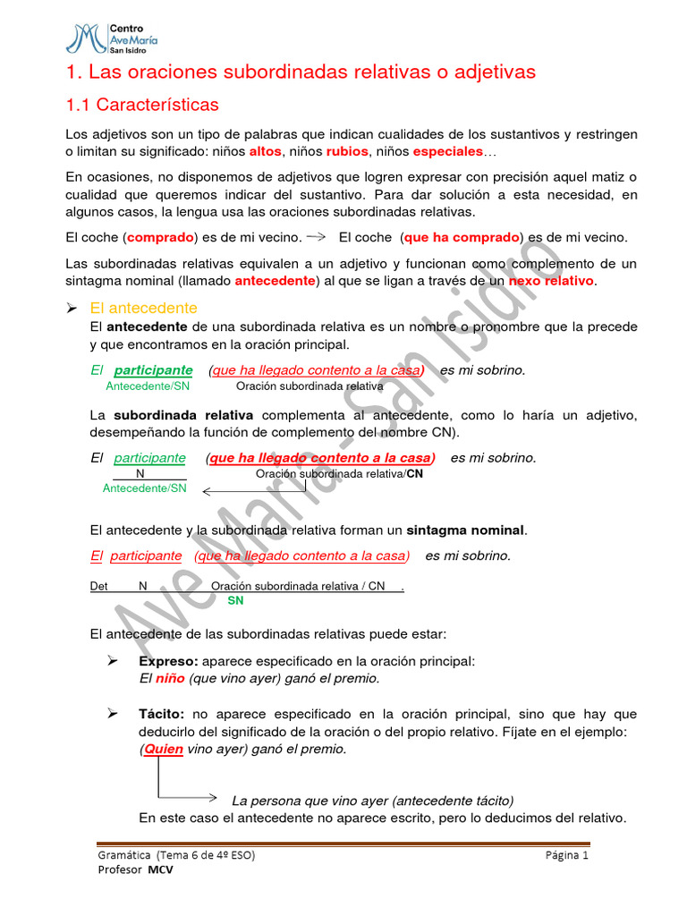 T 6 Apuntes Subordinadas Relativo | PDF | Adjetivo | Oración (Lingüística)