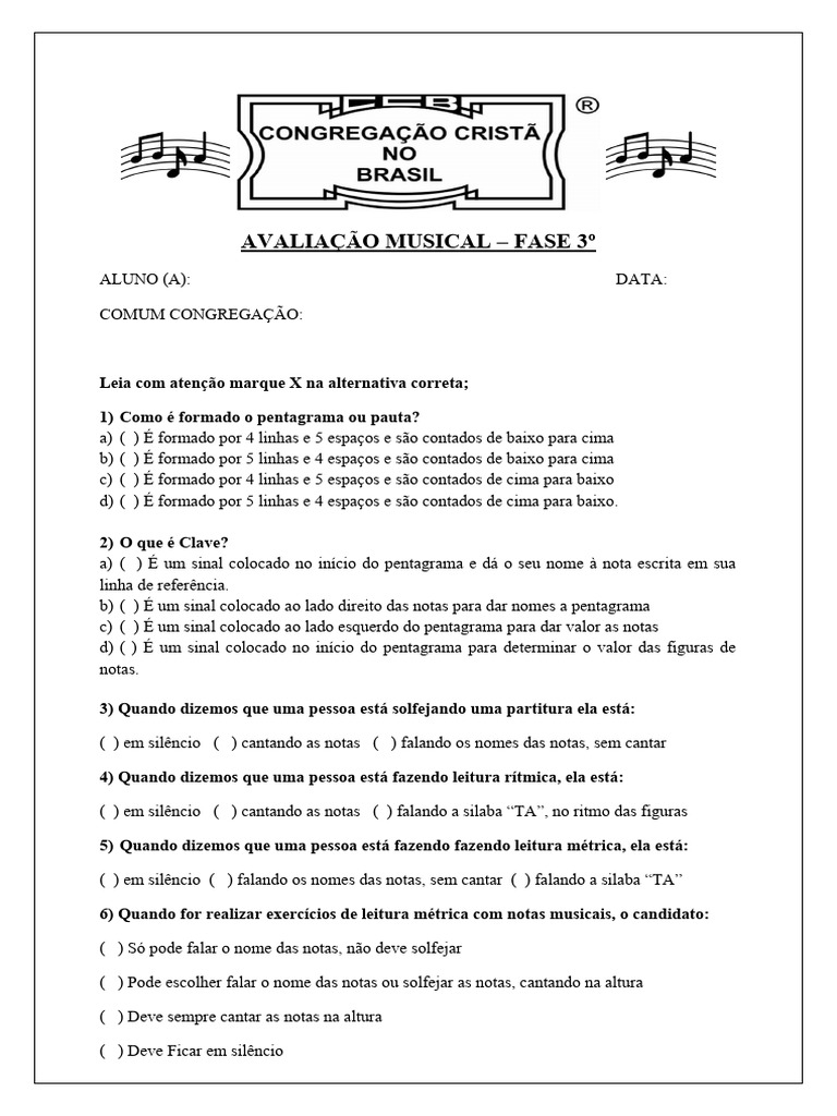 Avaliação Musical Msa Fase 3 | PDF | Clave | Notação musical