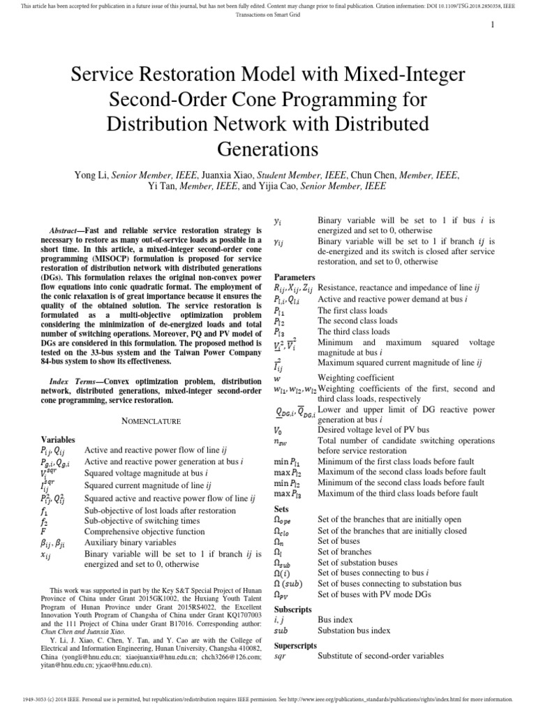 Service Restoration Model With Mixed-Integer Second-Order Cone Programming For Distribution ...