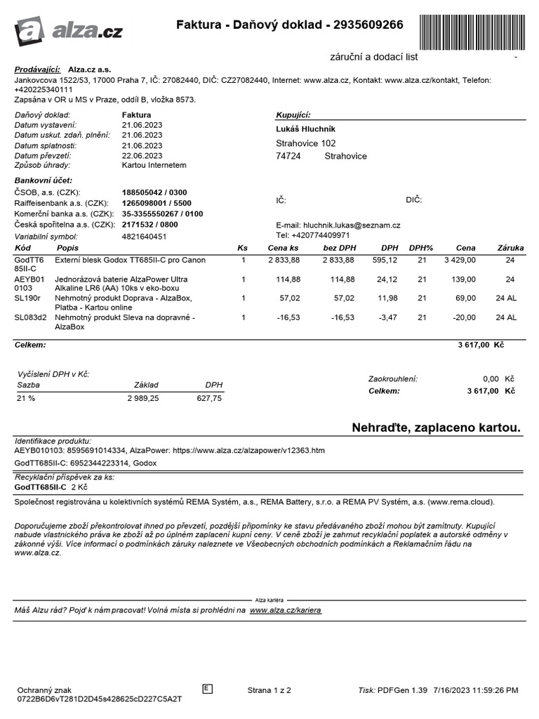 Faktura - Daňový Doklad - 2935609266: Záruční A Dodací List | PDF