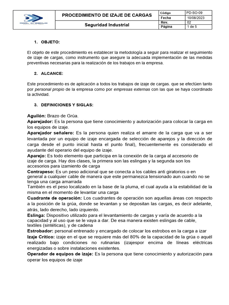 Procedimiento de Trabajo en IZAJE de CARGAS Rev 02 | PDF | Grúa (máquina)