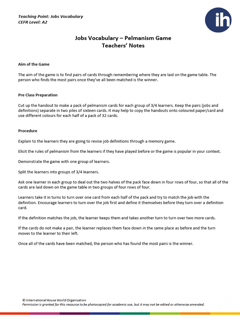Jobs Vocabulary Pelmanism Game | PDF