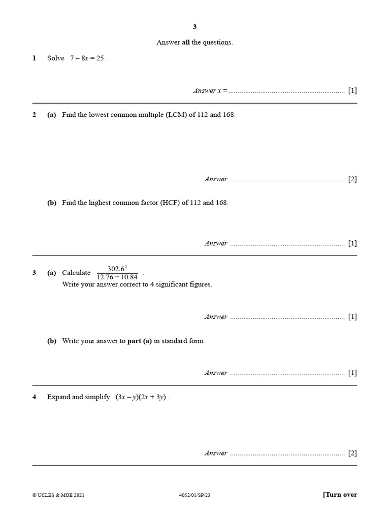 GCE O-Level 4052 Mathematics Specimen Paper 1 For Examination From 2023 ...