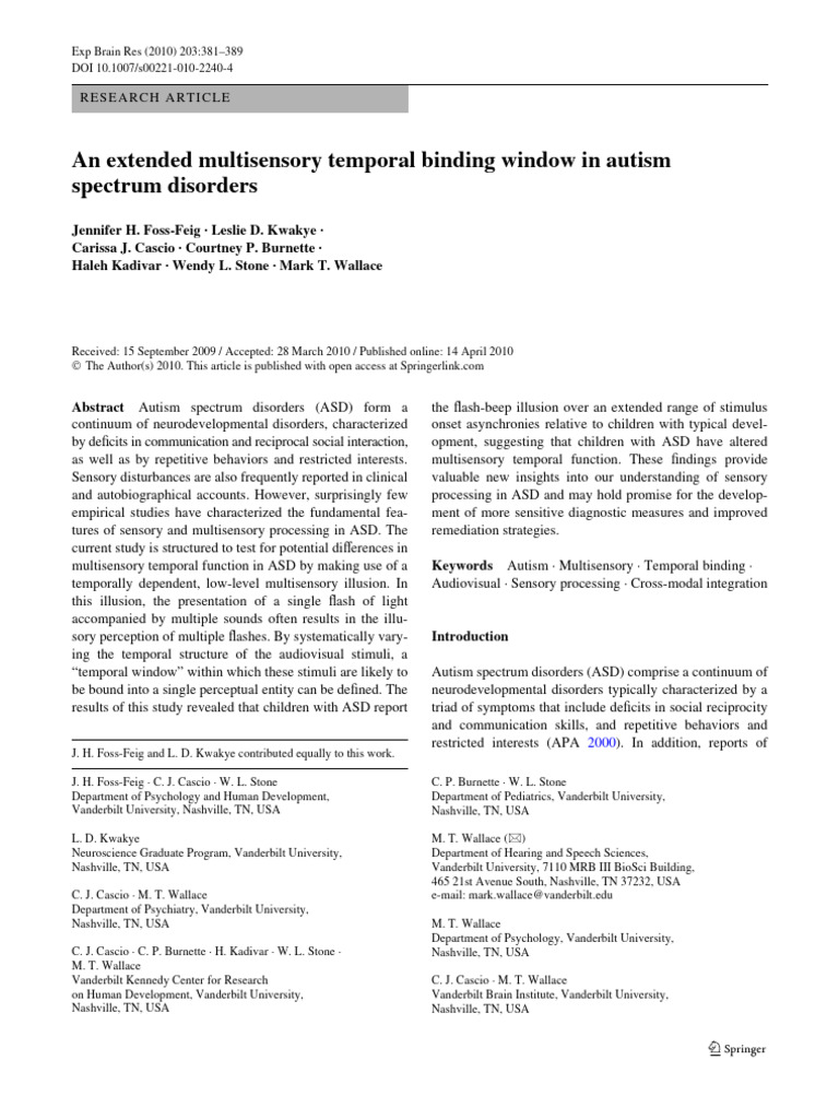 An Extended Multisensory Temporal Binding Window in Autism Spectrum Disorders | PDF | Perception ...