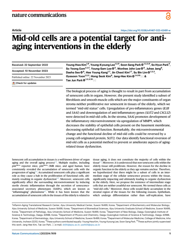 Mid-Old Cells Are A Potential Target For Anti-Aging Interventions in The Elderly | PDF | Gene ...
