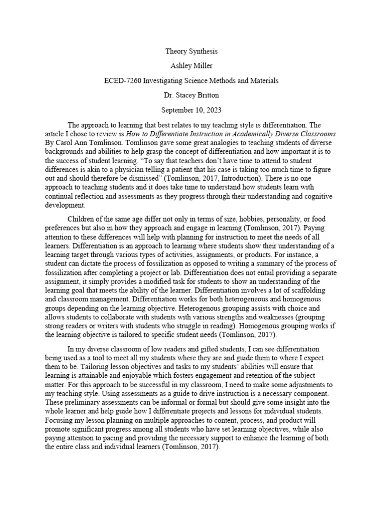 Theory Synthesis Ashley Miller | PDF | Learning | Differentiated ...
