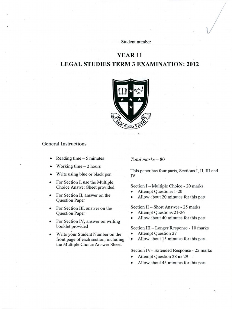 Year 11 Legal Studies Exam 2012 | PDF | Separation Of Powers | Common Law