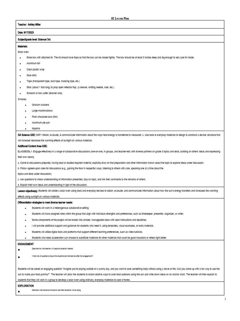 Solar Oven Lesson Plan for 3rd Grade | PDF | Heat Transfer