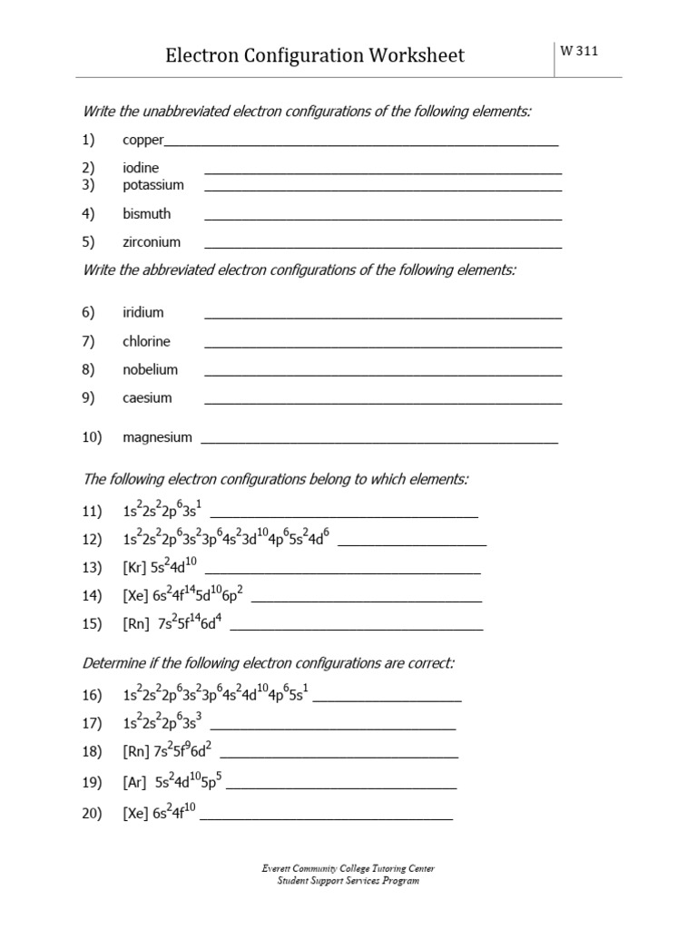 Electron Configuration Worksheet: Student Support Services Program ...