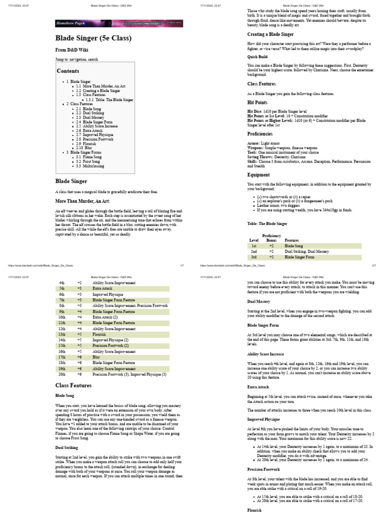 Blade Singer (5e Class) - D&D Wiki | PDF | Dungeons & Dragons | Sword