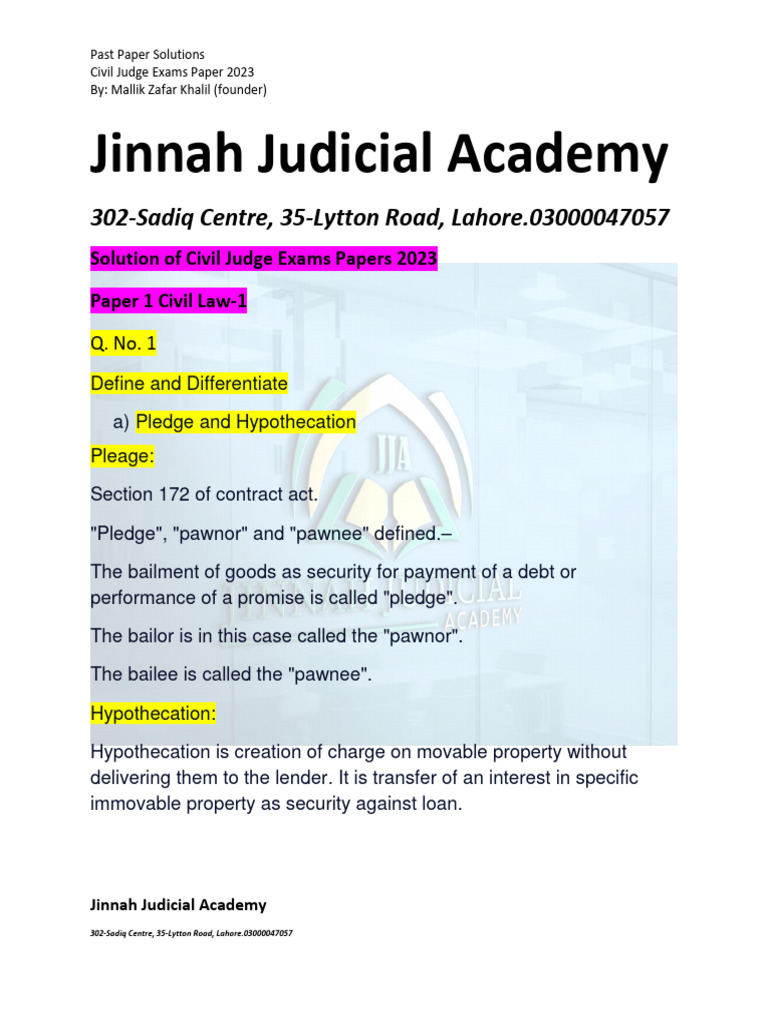 Solution Past Papers CJ 2023 Civil Law 1.JJA | PDF | Guarantee | Surety