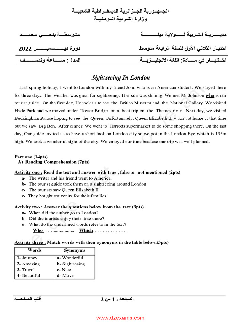 Dzexams 4am Anglais 422222 | PDF | London