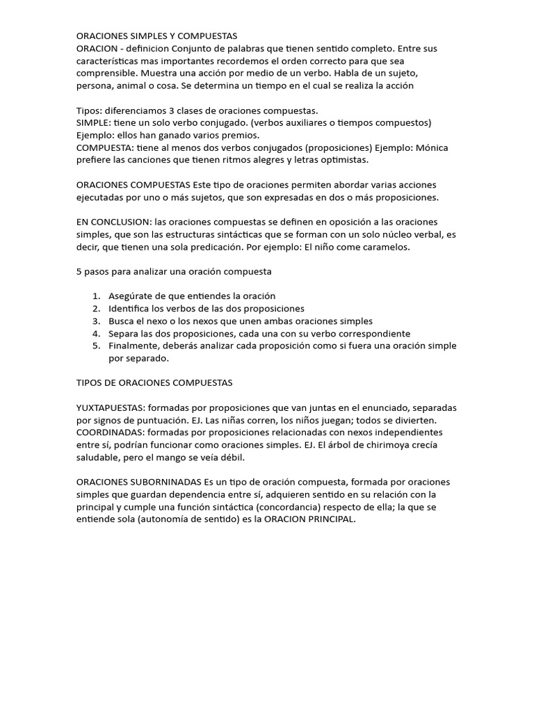 Oraciones Simples y Compuestas | PDF | Oración (Lingüística) | Semiótica