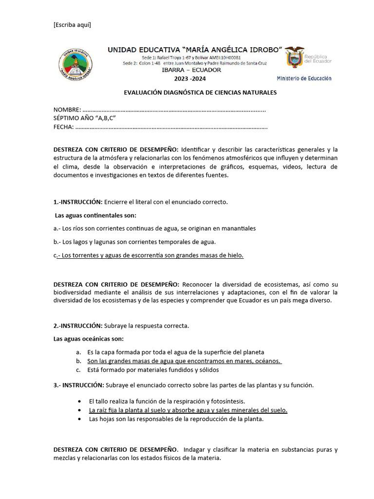 Prueba Diag Essc CCNN Septimo | PDF | Importar | Agua