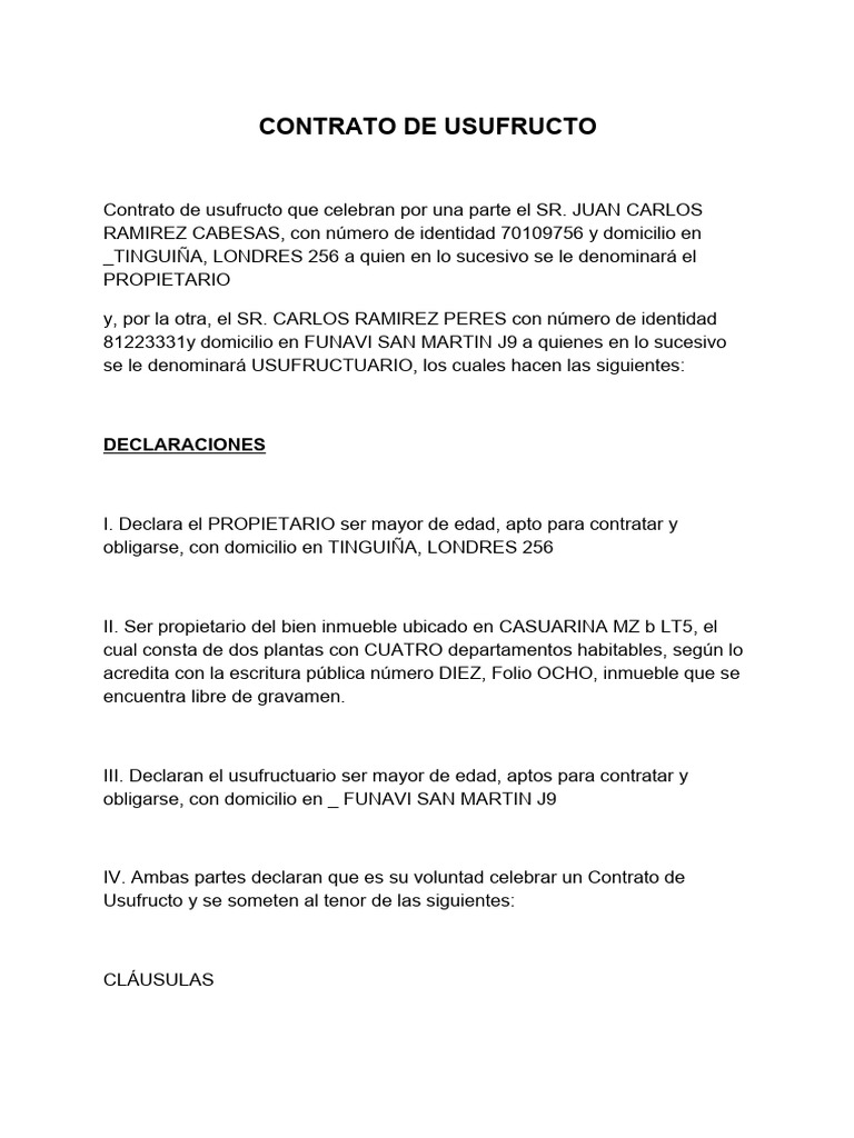 Contrato De Usufructo Pdf Propiedad Ley Común