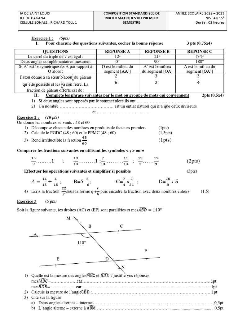 Composition Maths 5ème 2022-2023 | PDF | Mathématiques | Mathématiques ...