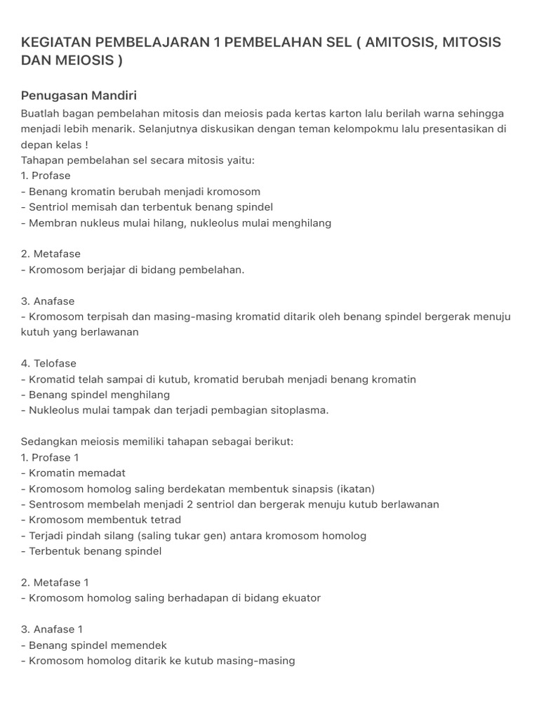 Kegiatan Pembelajaran 1 Pembelahan Sel (Amitosis, Mitosis Dan Meiosis | PDF | Sains & Matematika