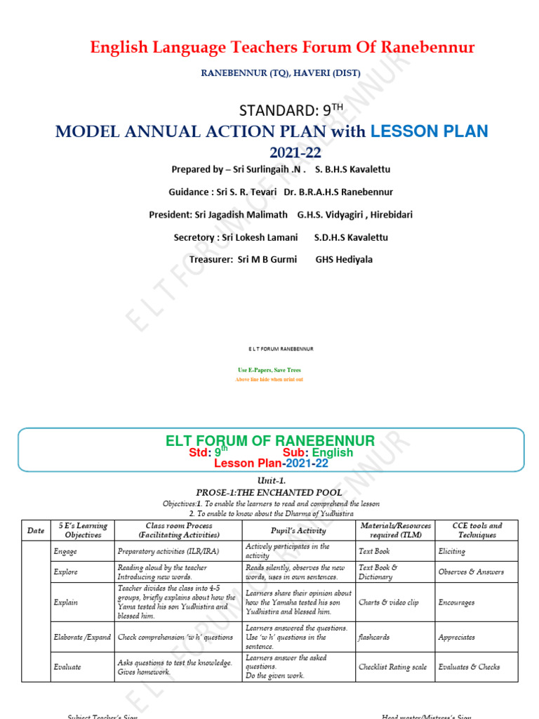 9th STD SL English Lesson Plan 2021-22 by Elt Forum of Ranebennur | PDF ...