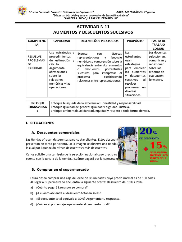 ACTV - N°11 - Mat 2° - IV BIM - 2023 Aumento y Descuento Sucesivos | PDF | Porcentaje | Supermercado
