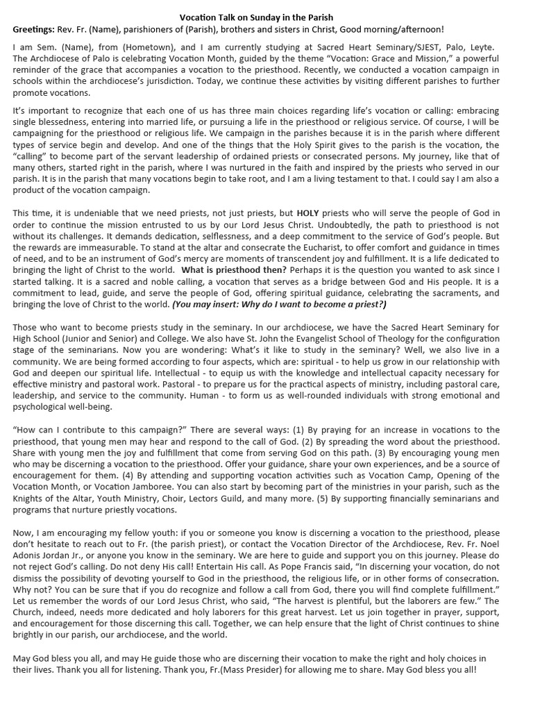 VOCATION TALK SCRIPT GUIDE English Winaraybinisaya Bisaya | PDF | Priest