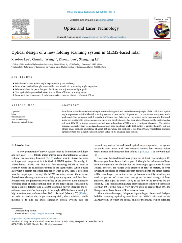 Optical Design of A New Folding Scanning System in MEMS-based Lidar ...