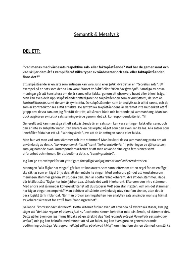 Filosofi 1 Uppdrag 1 Semantik Och Metafysik | PDF