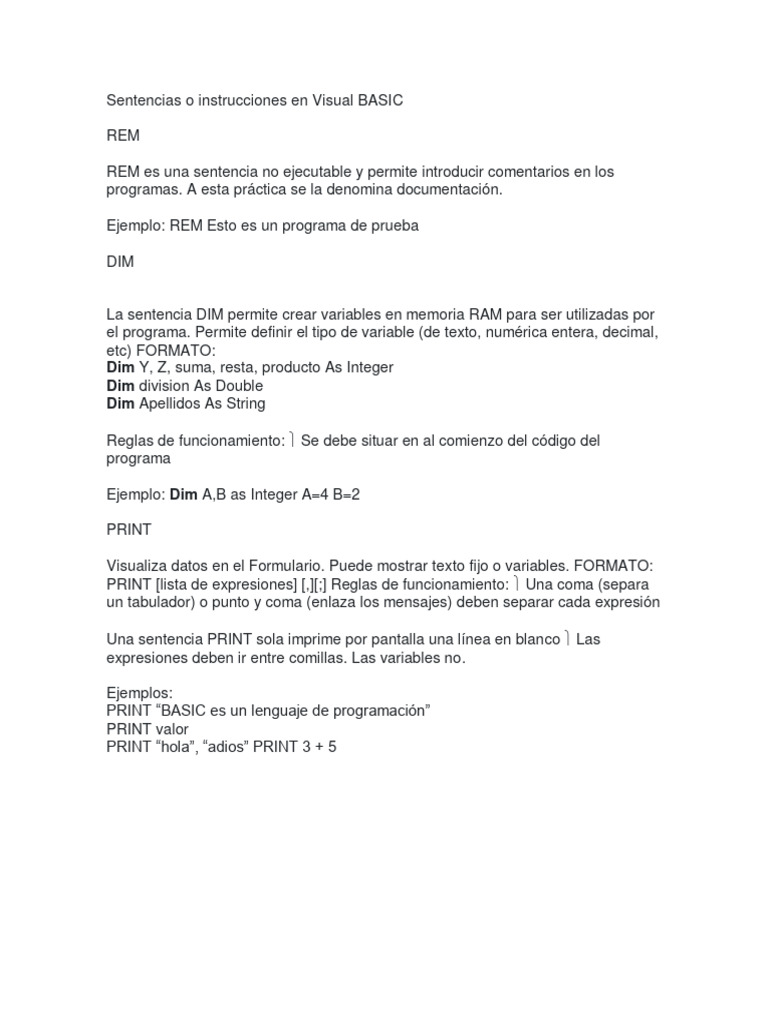 Sentencias o Instrucciones en Visual BASIC | PDF | Básico | Programa de computadora