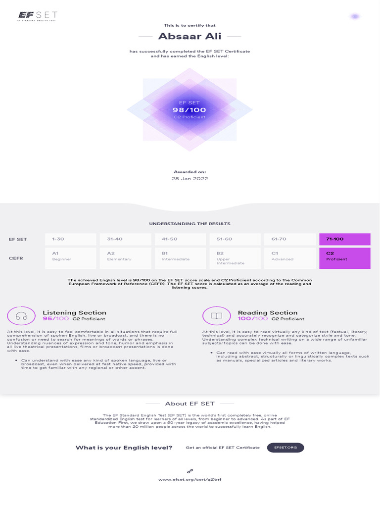 EF SET Certificate | PDF | Communication | Learning
