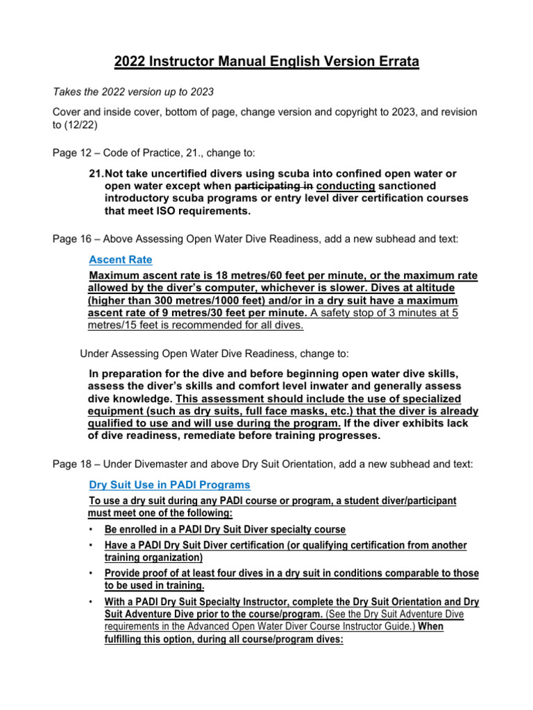 2022 PADI Instructor Manual Errata (Summary of Changes Between 2022 and ...